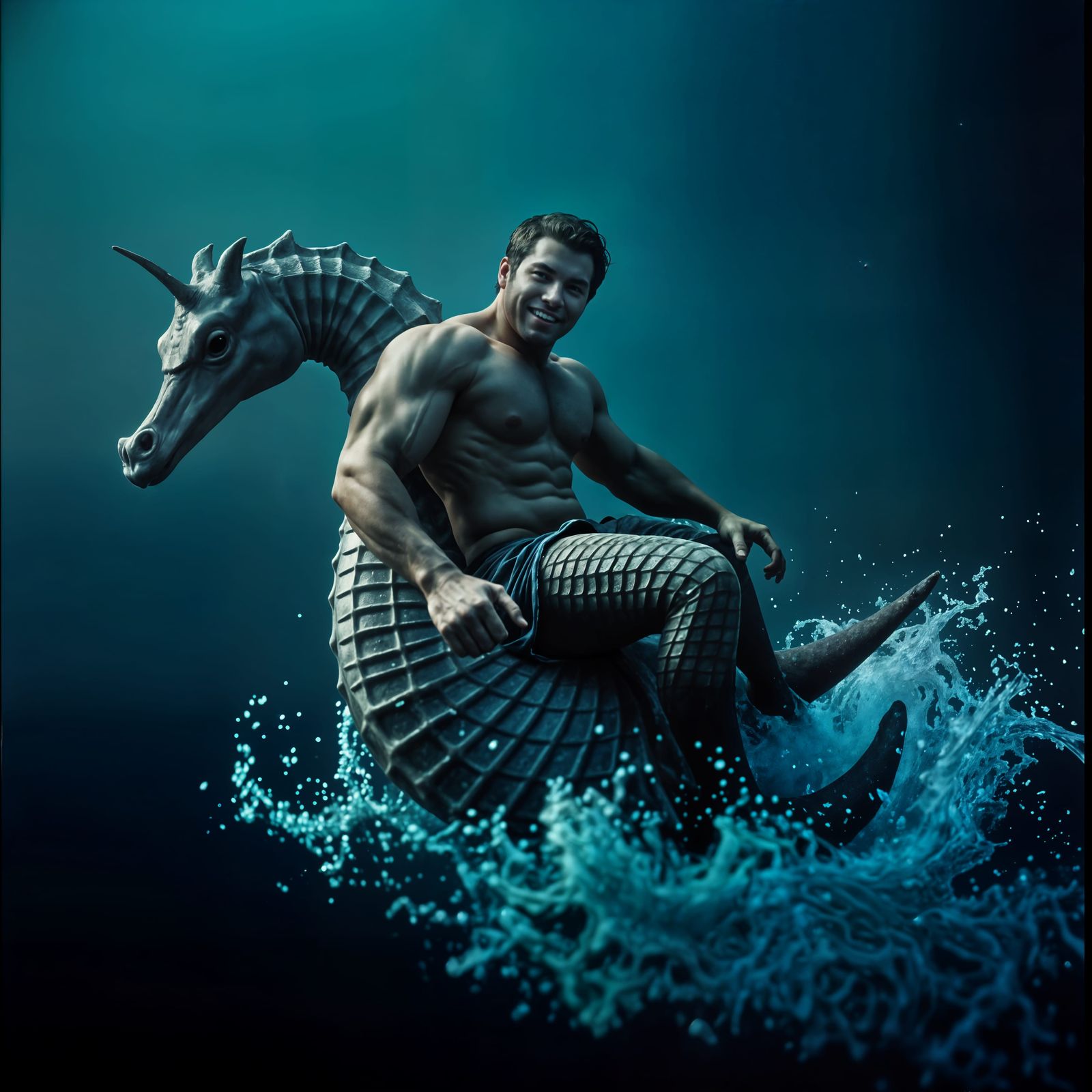 A full-bodied, beefcake male merman, fully scaled with rippling muscles ...