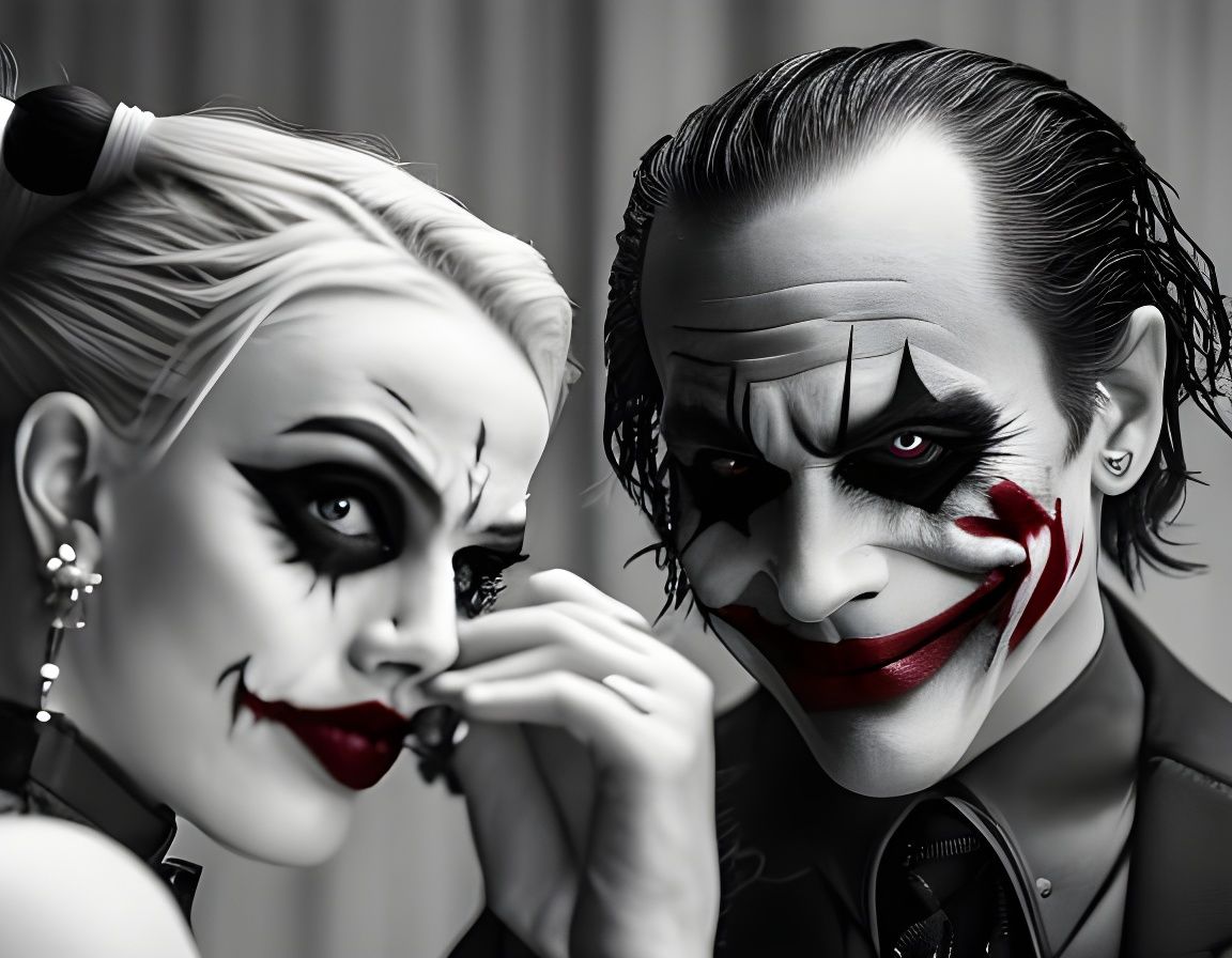 The Joker and Harley Quinn, black and white, dark shadows, shadowy, very shadowed, intricate ...