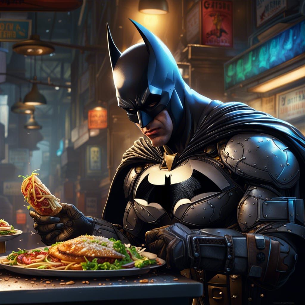 Batman having shawarma in Gotham - AI Generated Artwork - NightCafe Creator