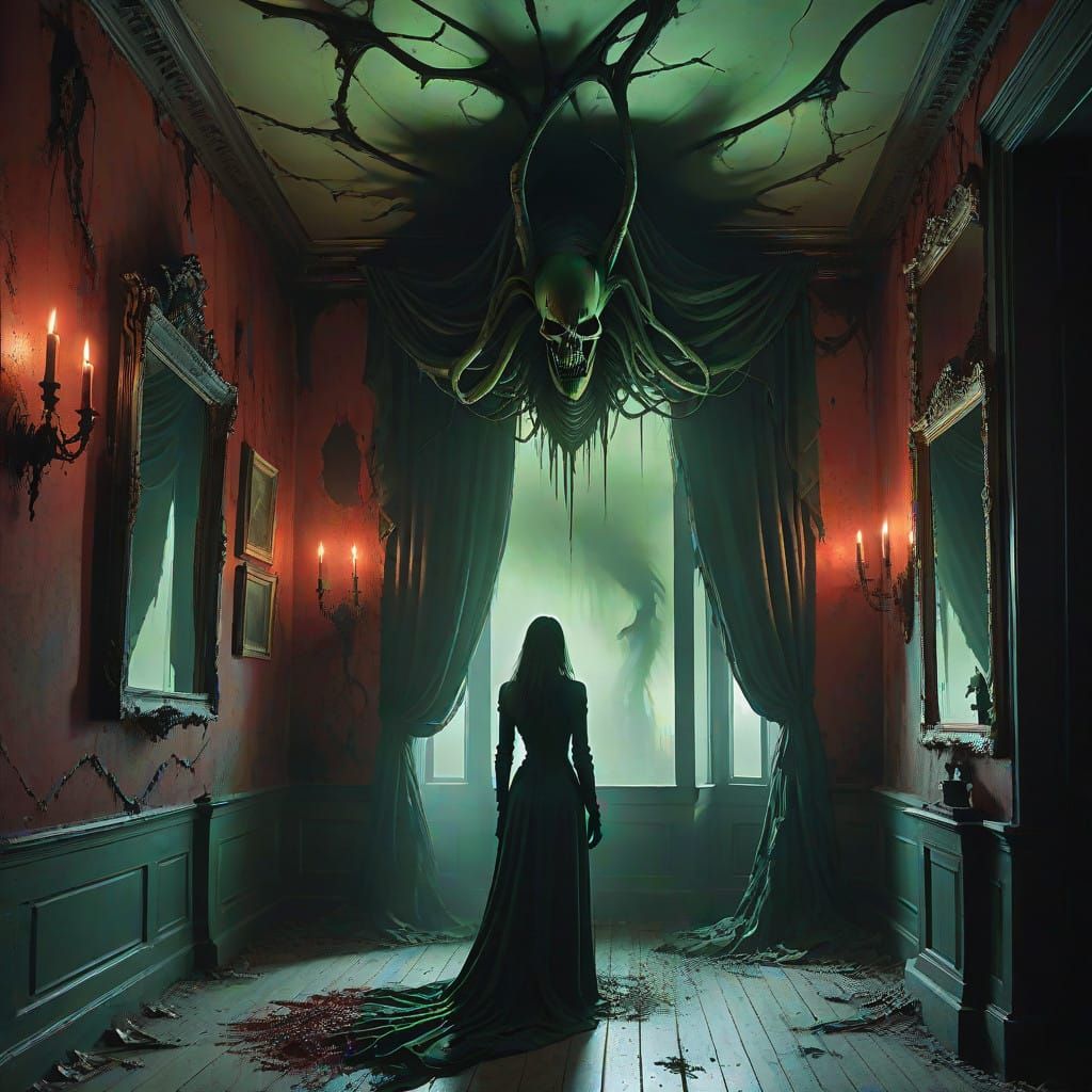 A dark, twisted entity, shrouded in tattered, black drapery, inhabits ...