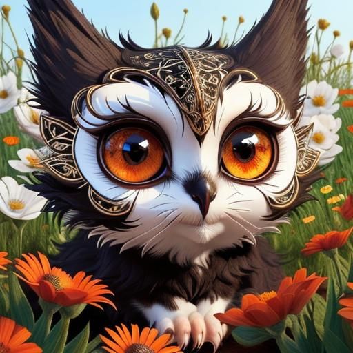 Close up of a cute monster cat with a tilted head in a field of flowers ...