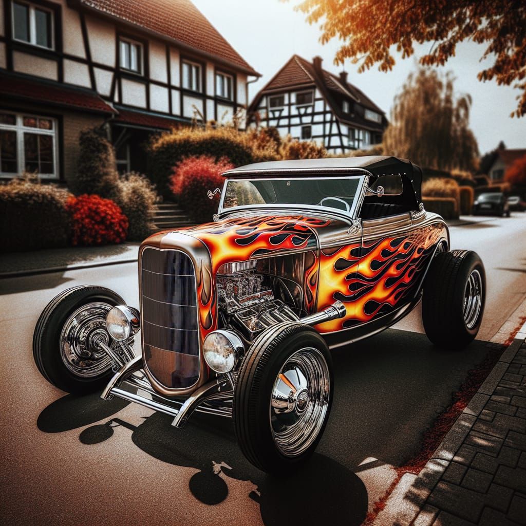 Vintage Hot Rod with Dazzling Flame Paint Job - AI Art