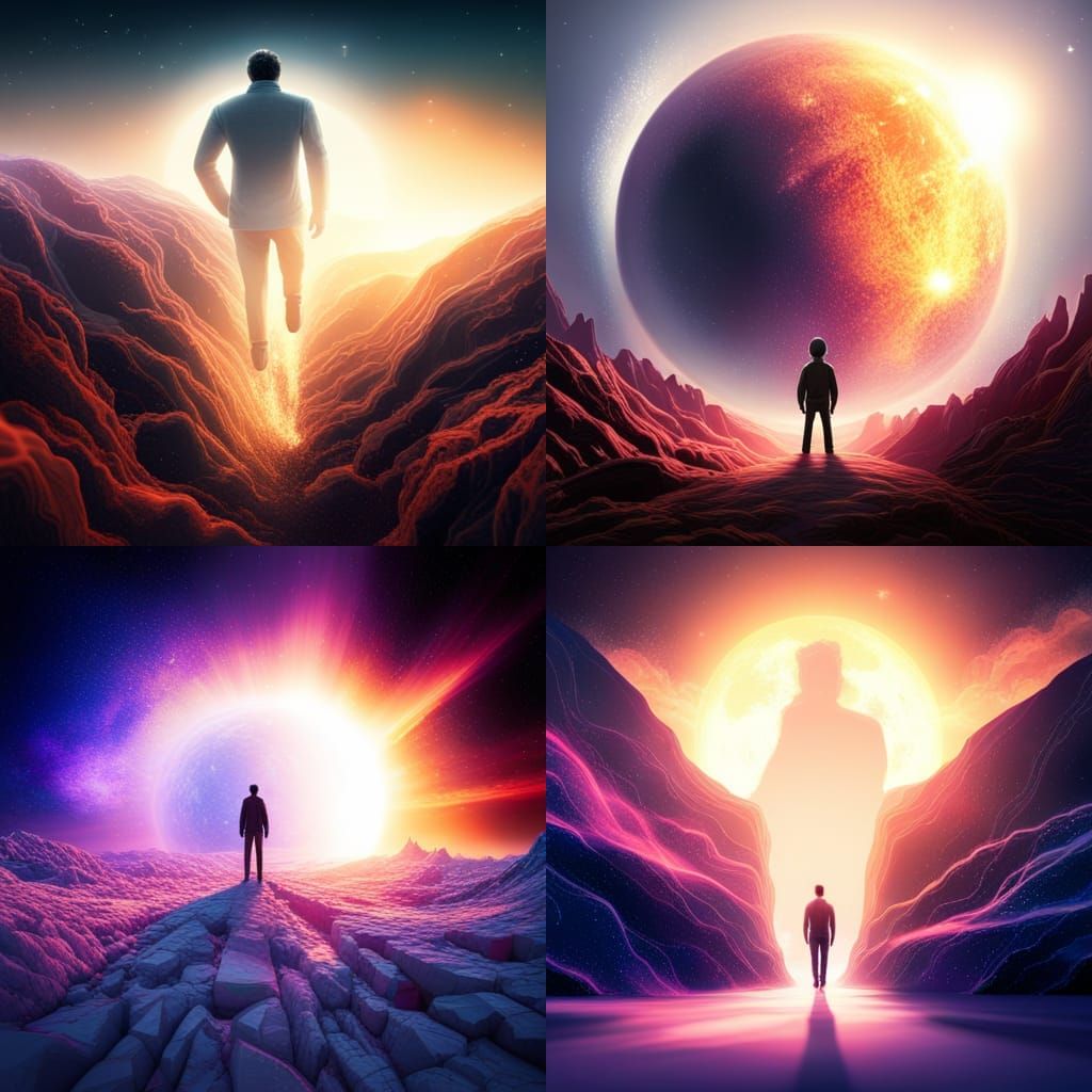 Shadow figure staring into the abyss. Galaxy background with exploding ...