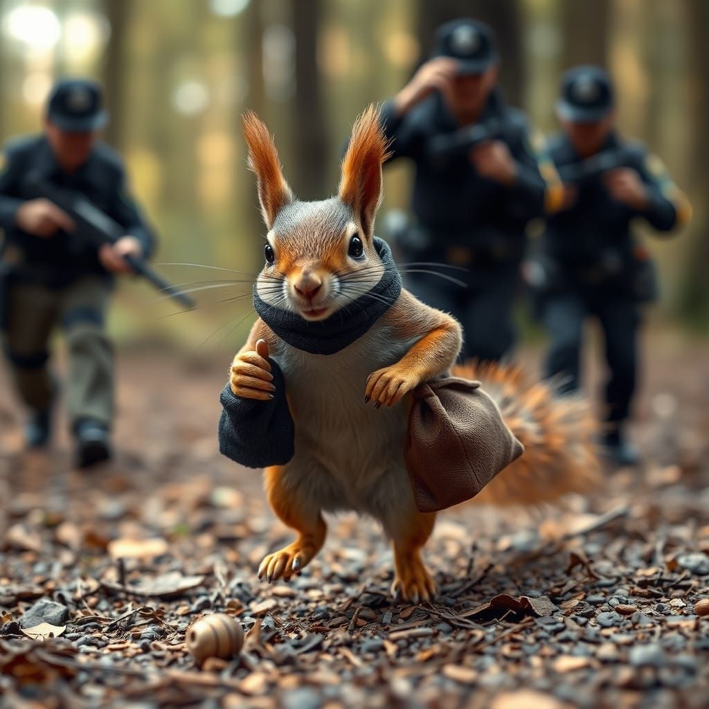 Police chasing a bank robber squirrel, macro photography