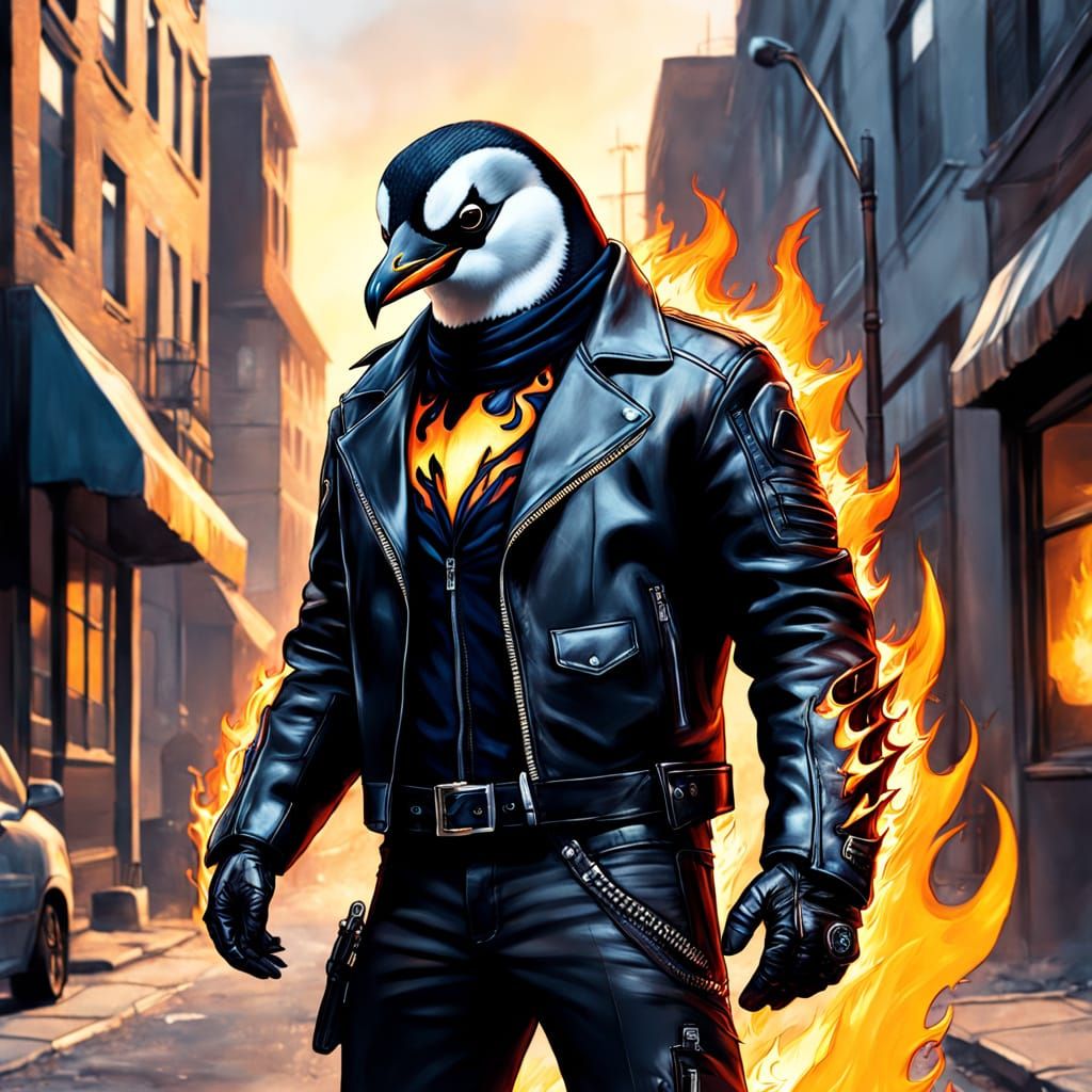 Penguin Possessed by Ghost Rider in Comic Book Art... - AI Art