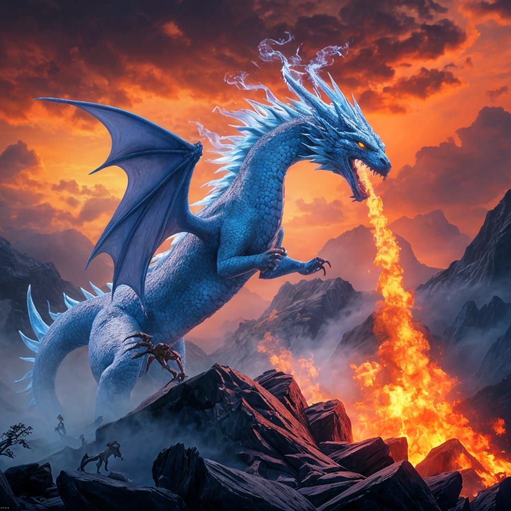 Blue Fire Dragon Conquers Fiery Peaks - AI Art