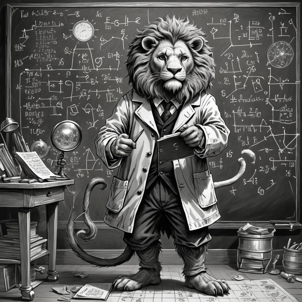 Cartoon lion standing on two legs in a scientist outfit with magnifying ...