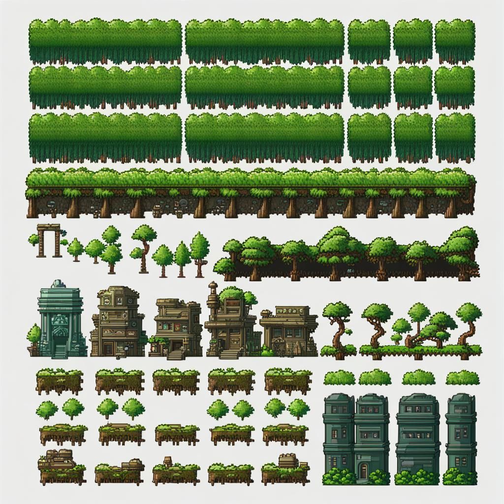 90's arcade shmup sprite sheet. jungle and forrest tilemap with ...