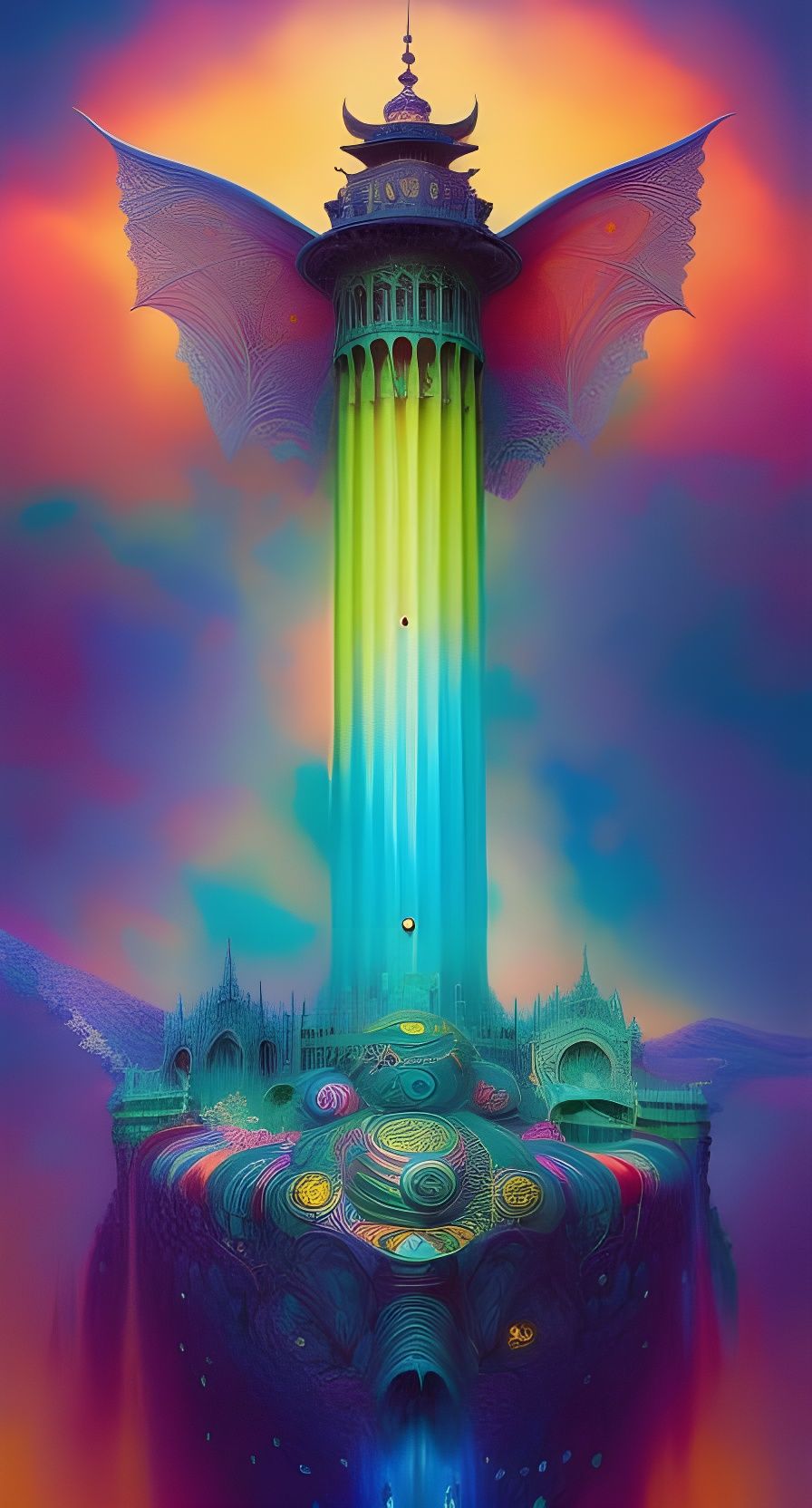 lisa frank psychedelic fantasy Lighthouse near sea of vivd pure colors ...