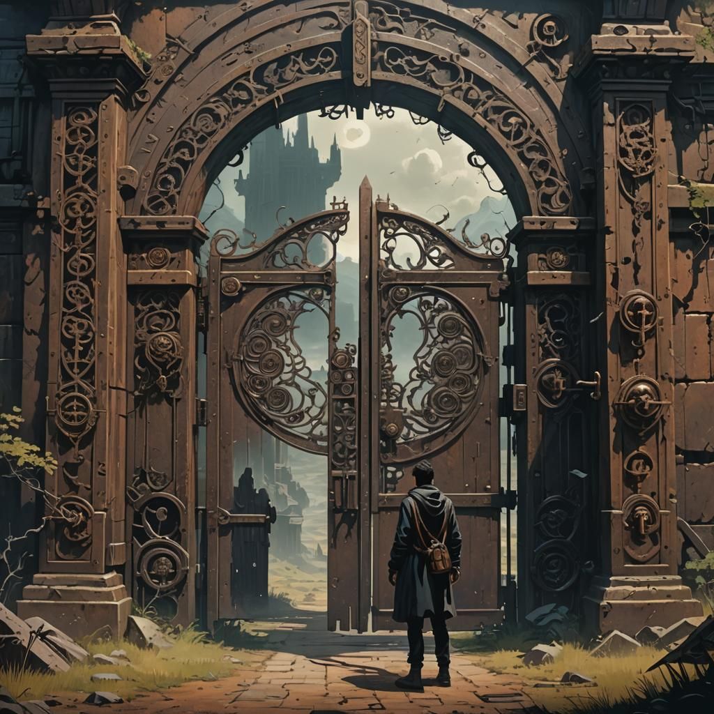 A Lone Figure Stands Before A Massive, Rusted Gate - AI Generated ...