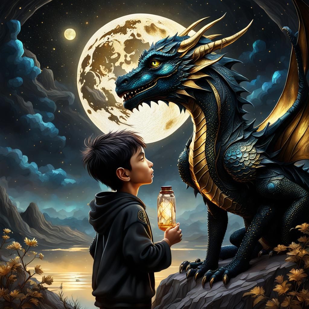 A boy and his Dragon, - AI Generated Artwork - NightCafe Creator