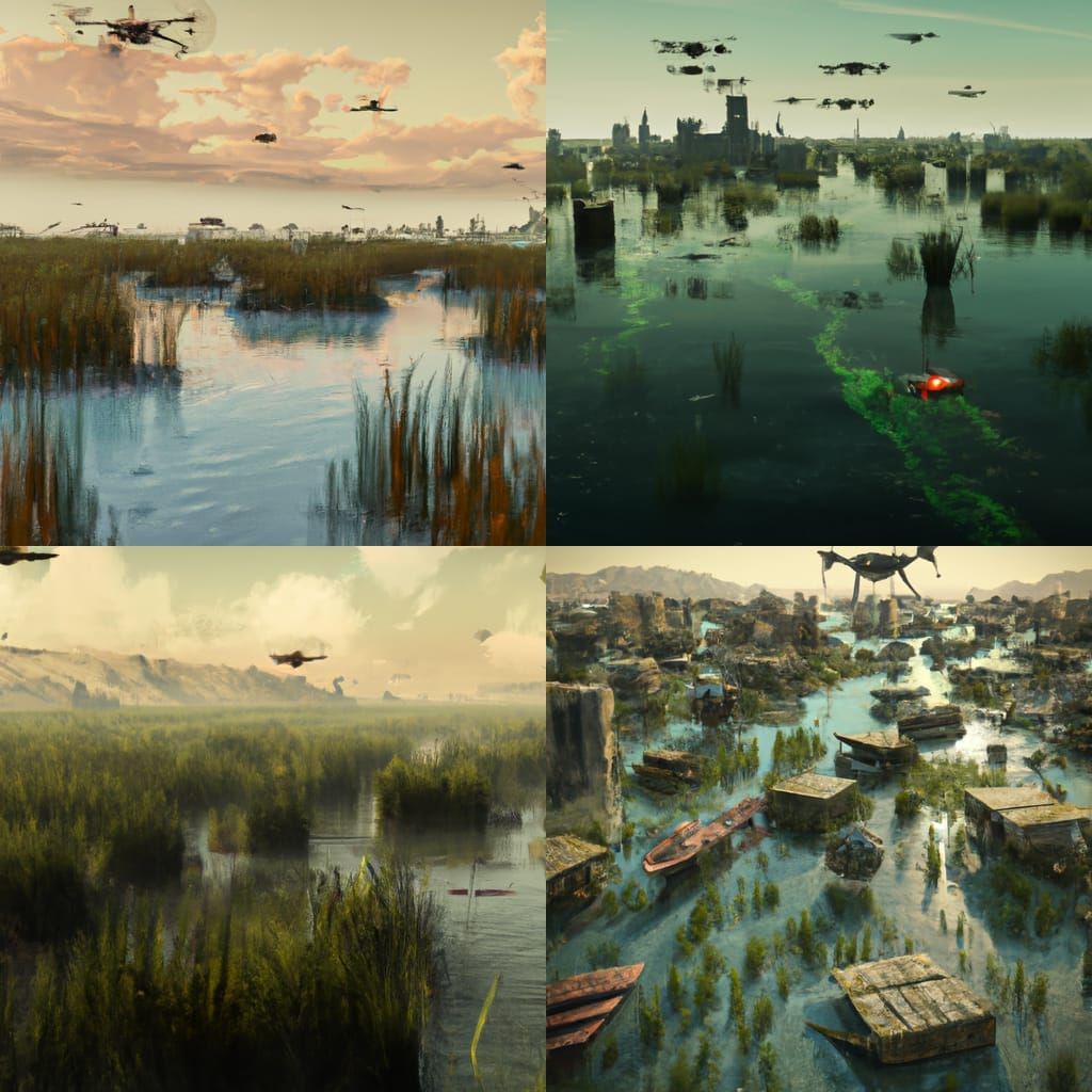 iraq marshes with drones in the sky - AI Generated Artwork - NightCafe ...