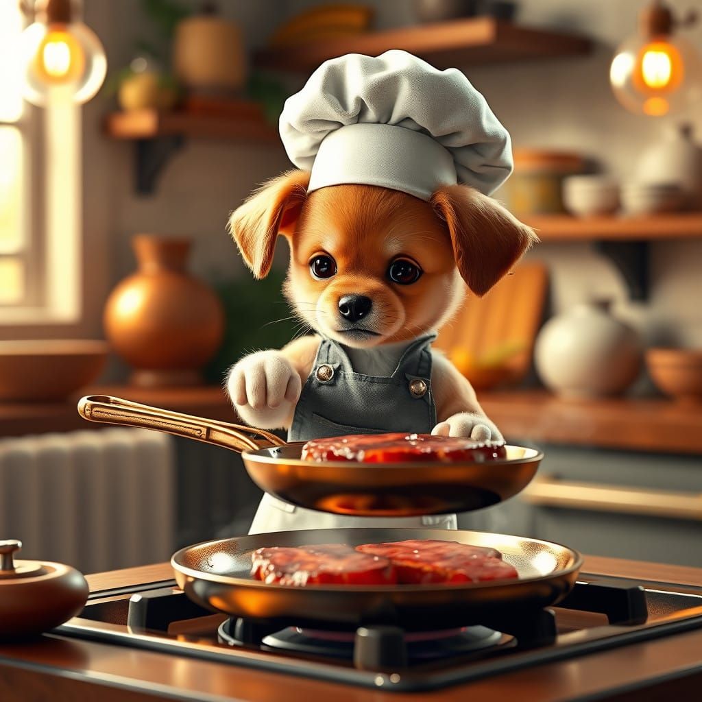 A baby puppy cooking steak - Whimsical Chef Puppy Flips Ste...