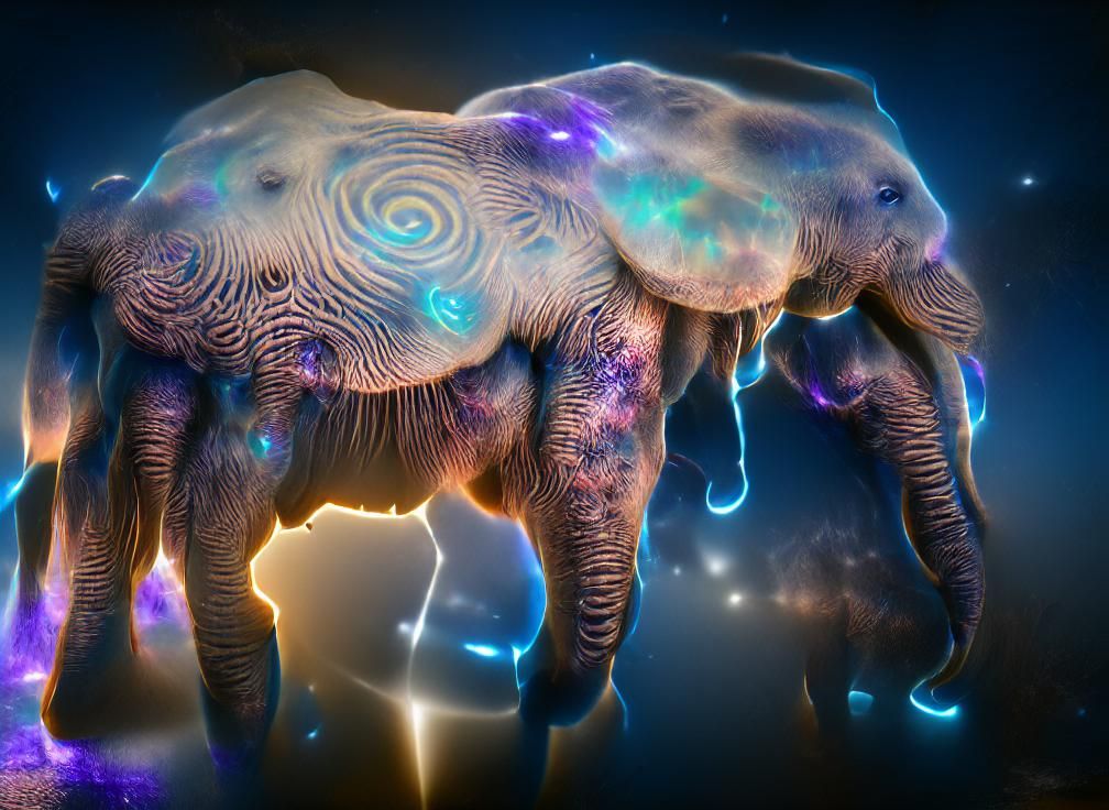 African elephant with a “(Milky Way ocean)” in the background and ...