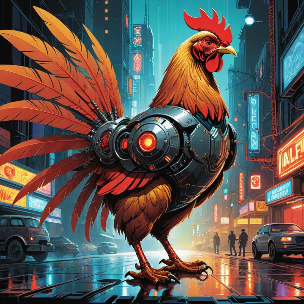 Cybernetic Chicken Hero in Futuristic Pulp Art Sty... - AI Art