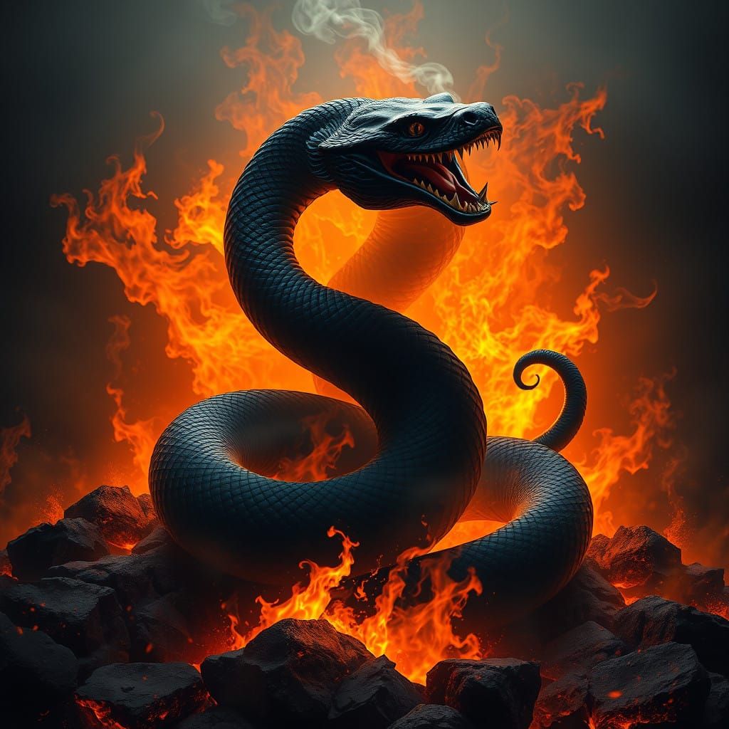 Fire Snake - Mystical Black Serpent in Fiery Orange and Gold