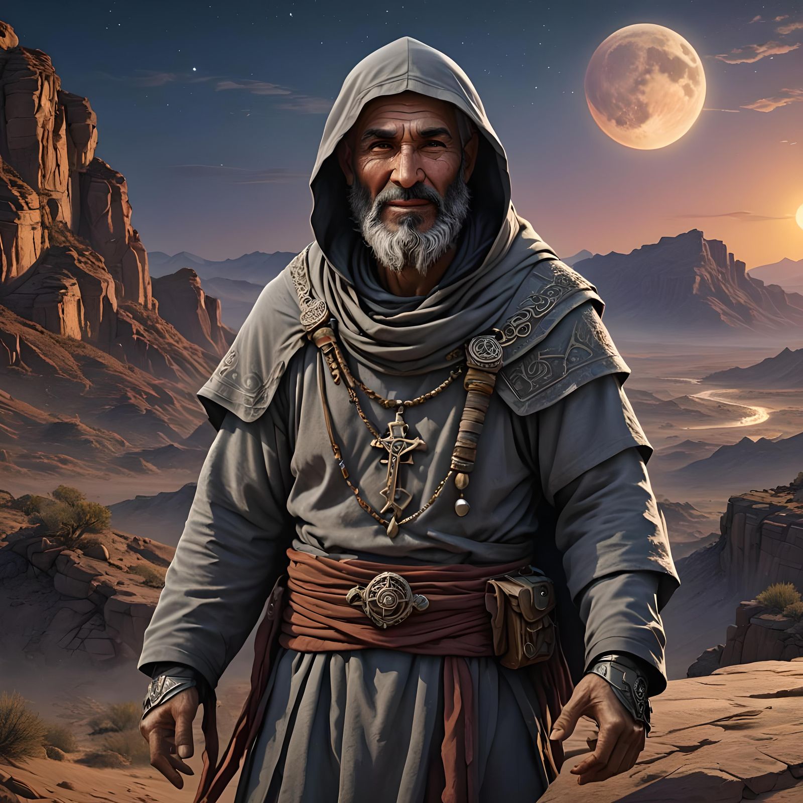 full face , grey bearded Monk with hood, smiling onto the moondawn - AI ...