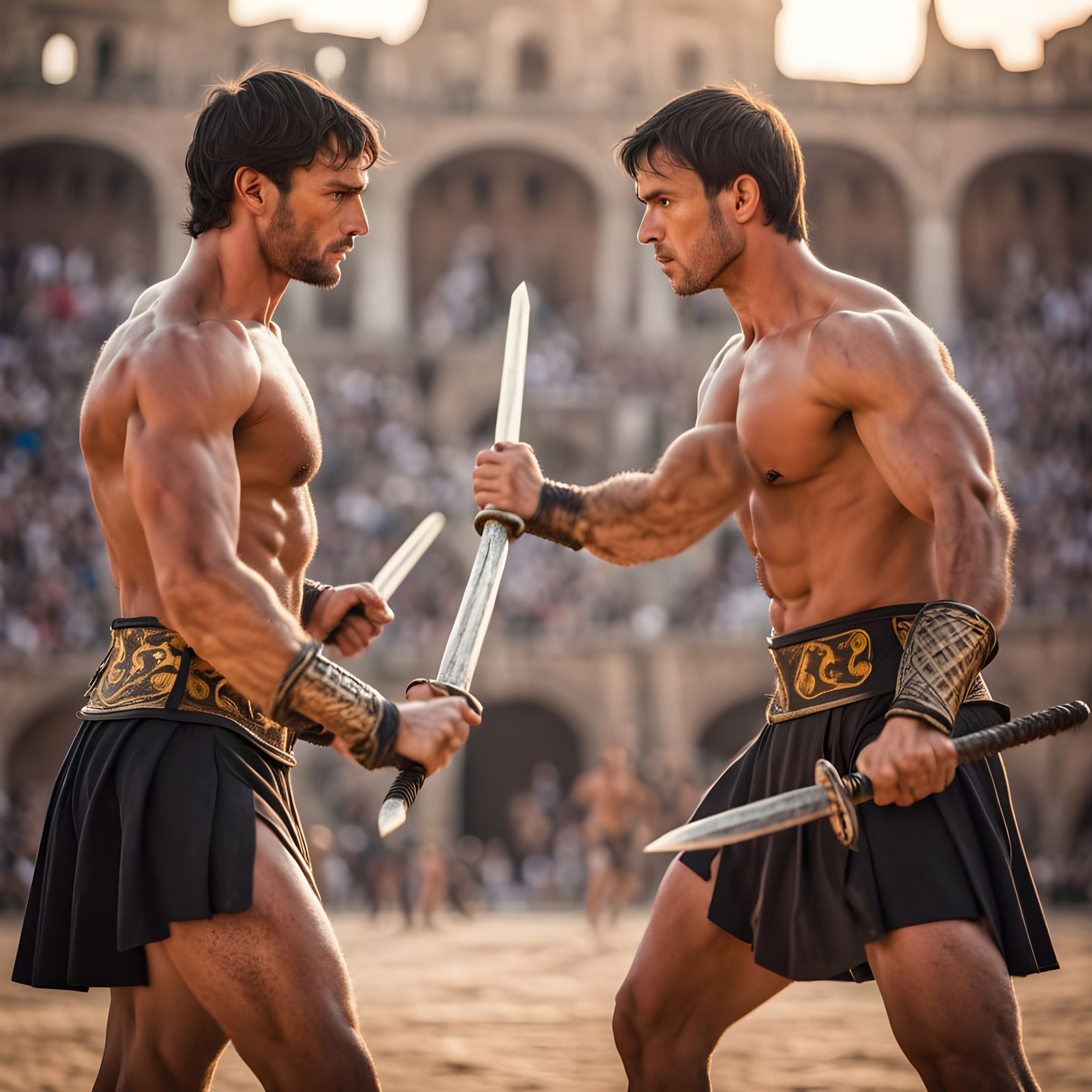 Muscular Ancient Roman Gladiators in Sunset Arena - AI Art