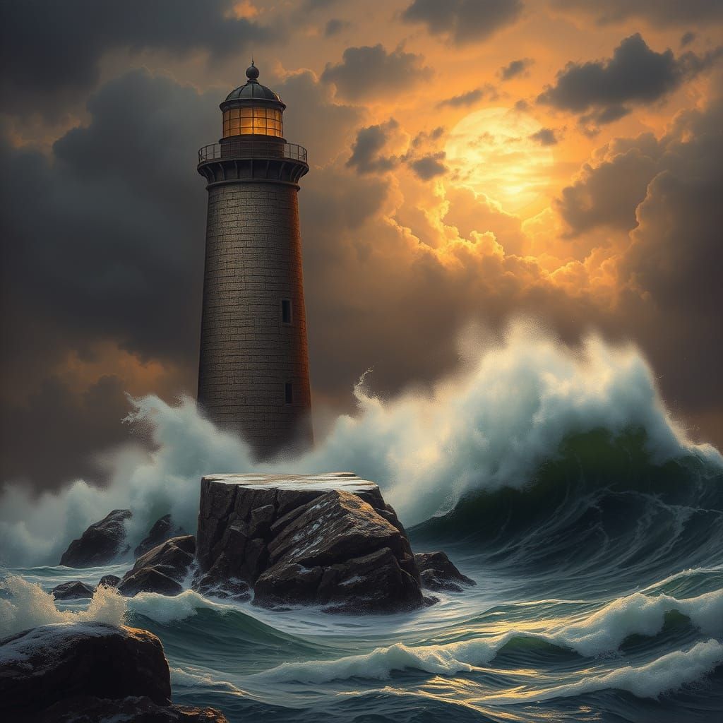 Granite Lighthouse Endures Winter Storm - AI Art