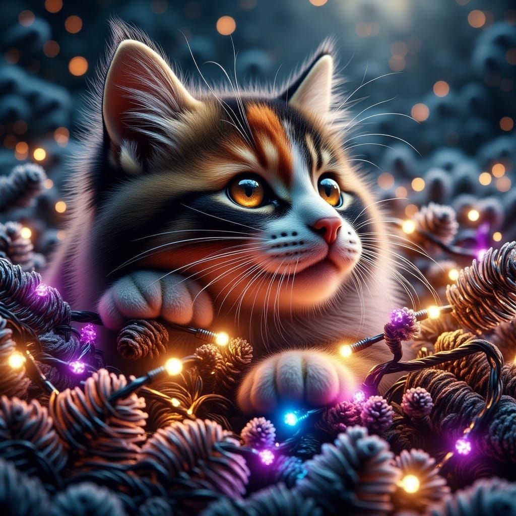 Curious Kitty - Vibrant Calico Cat in Whimsical Christmas Li...