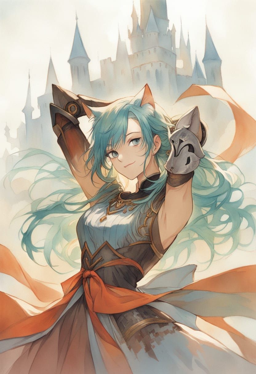 Cyan Princess - Impressionist Catgirl Goddess with Mech Arm