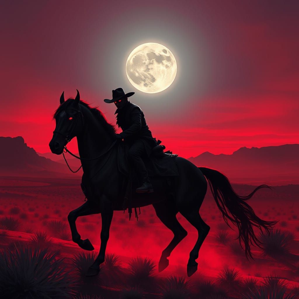 Dark Cowboy on a Demon Horse Under a Bloody Night ... - AI Art