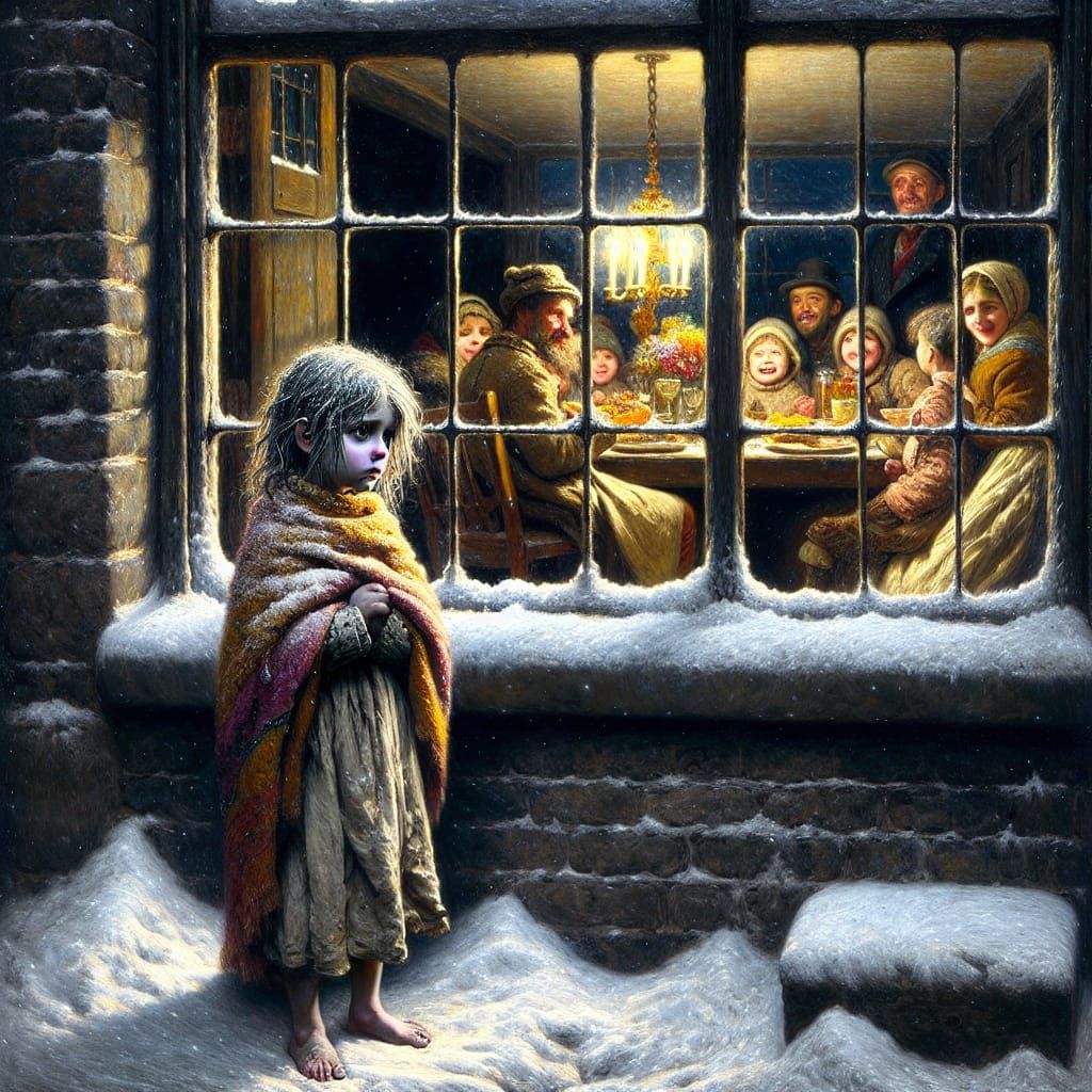 Sorrowful Orphan Girl Peers Through Window at Happ... - AI Art