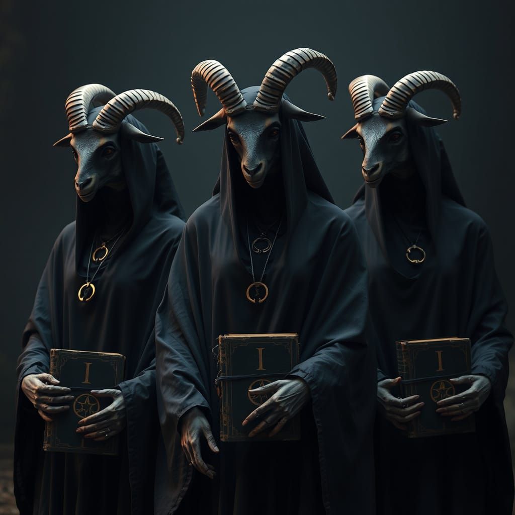 Three Goat-Skulled Women Stand in Unison, Embracin... - AI Art Three Goat-Skulled Women Stand in Unison, Embracin... - AI Art