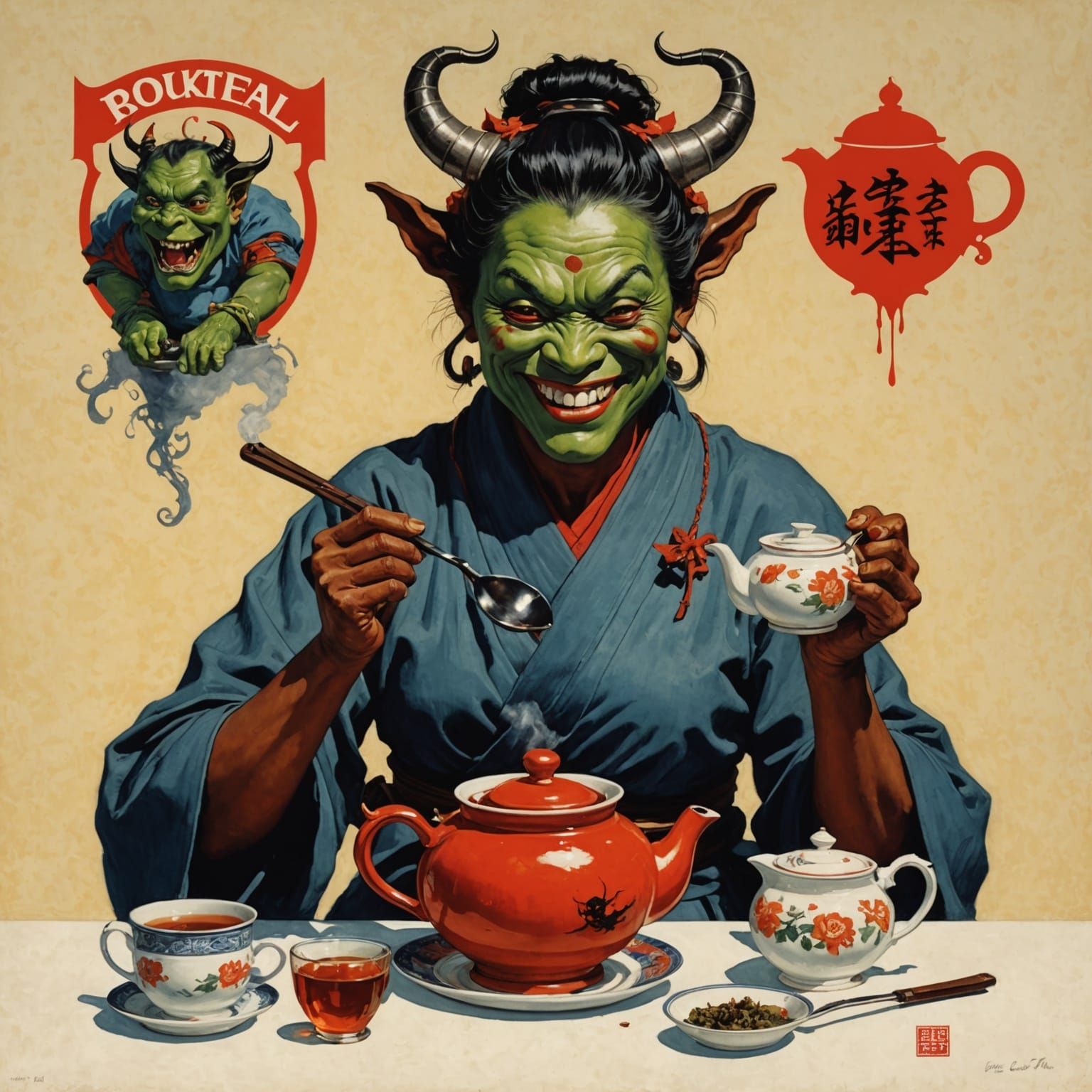 Whimsical Female Oni Demon Brews Tea in Cozy Norma... - AI Art