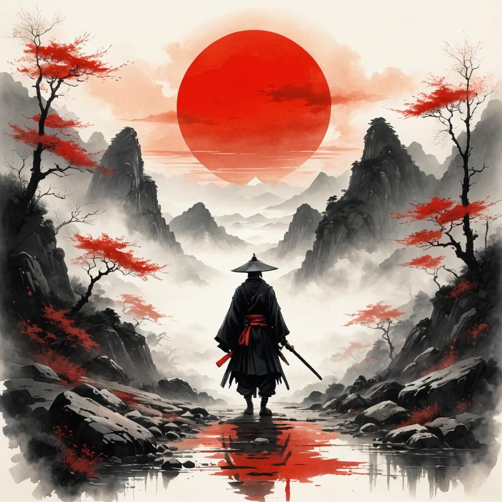 Samuari - Mysterious Samurai in Traditional Japanese Ink Was...