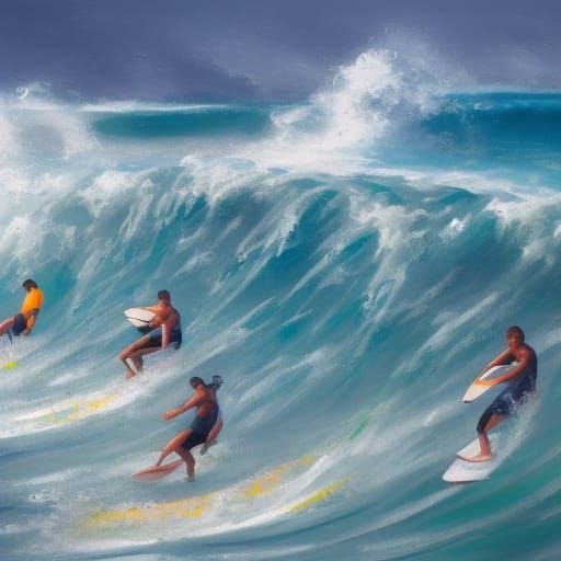 Street Photography Waikiki Beach Surfers Surfing Big Waves detailed oil ...