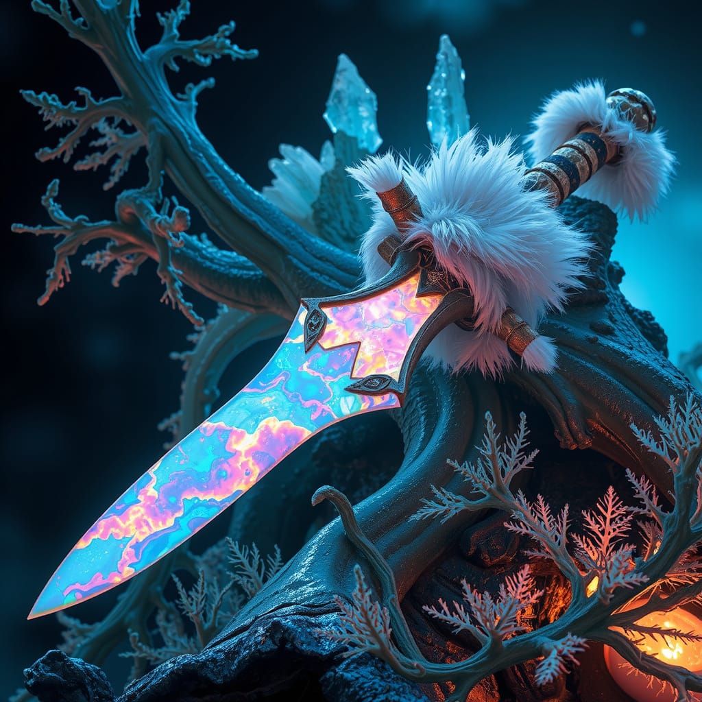 Cyberpunk Ice Sword with Opalescent Scales and Fro... - AI Art
