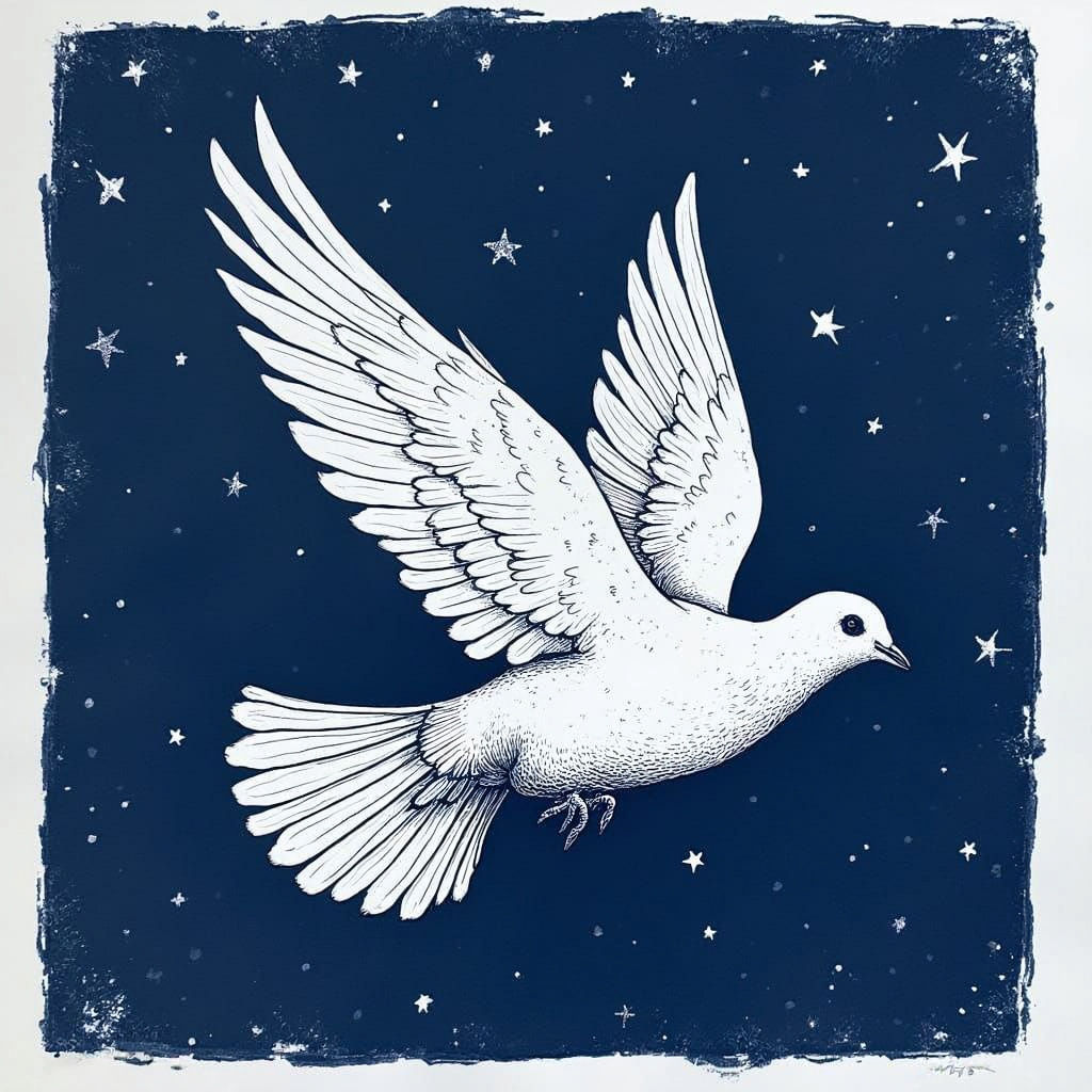 Linocut print of a white dove flying in an indigo ... - AI Art