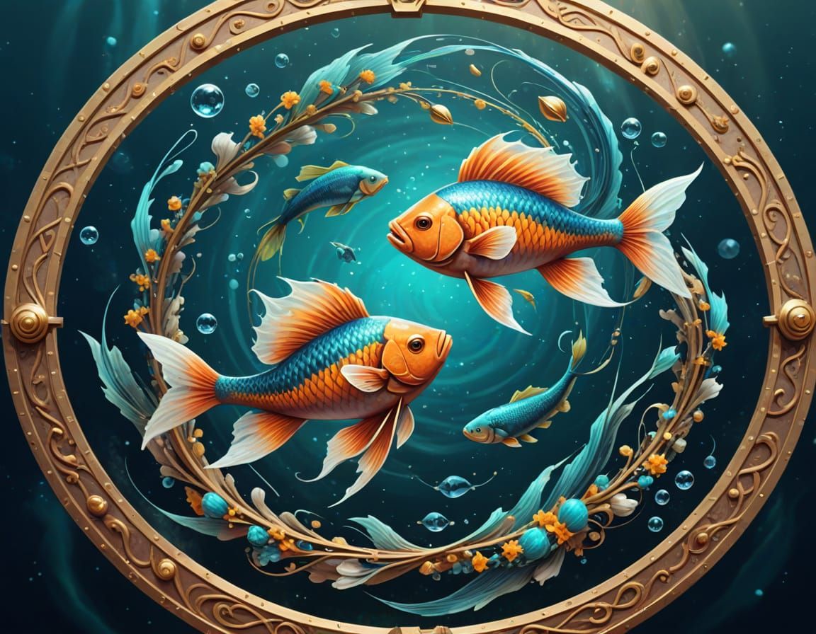 Surreal Zodiac Fish Chasing Each Other in a Fantas... - AI Art
