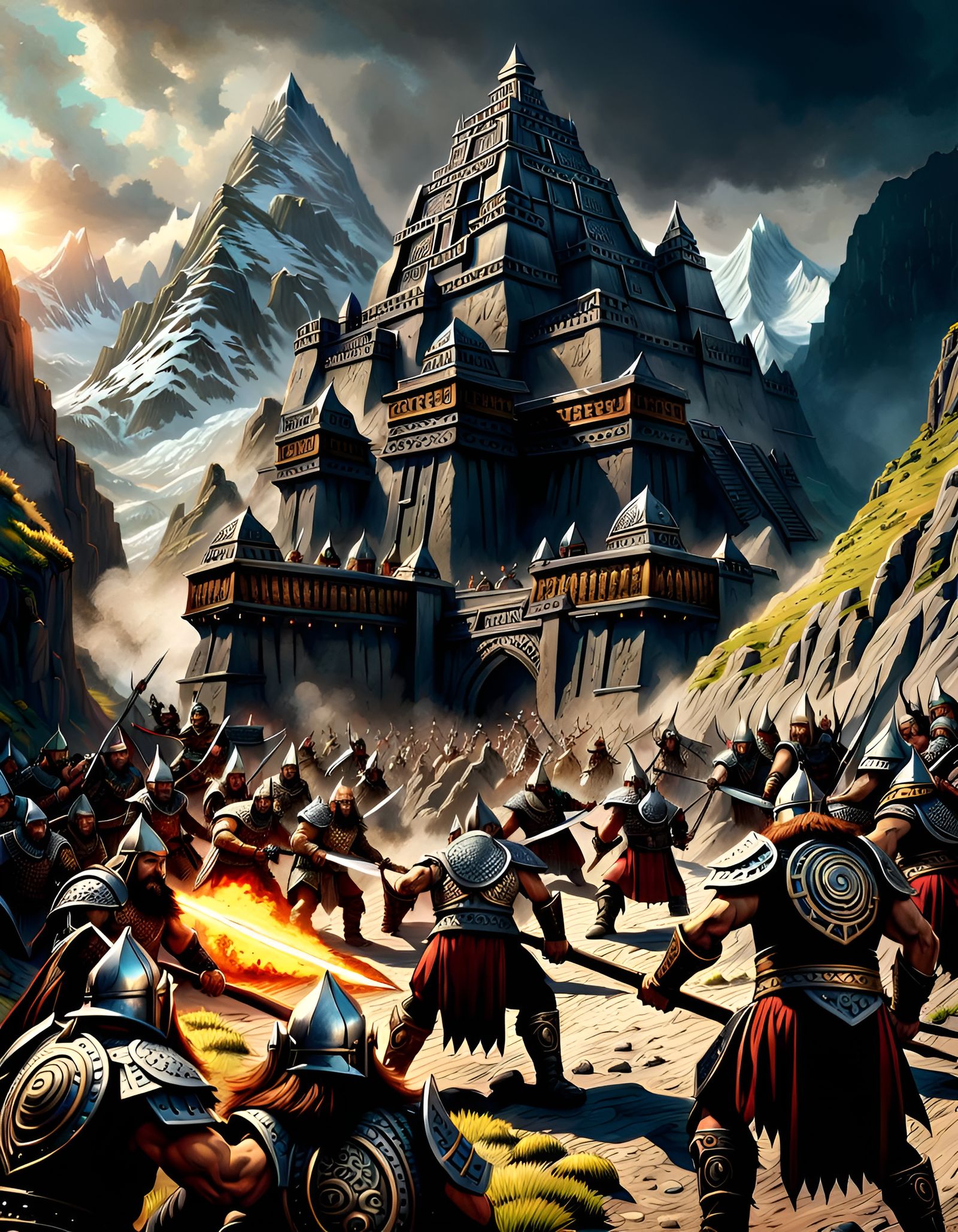 fantasy dwarves in Aztec style armor fighting a battle against Savage ...