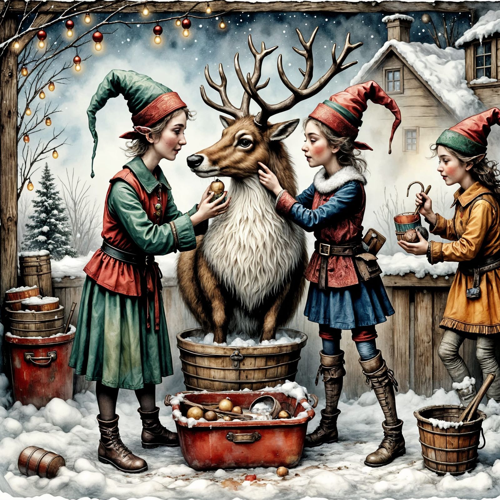 Little elves making sure the reindeers are at their best for the ...