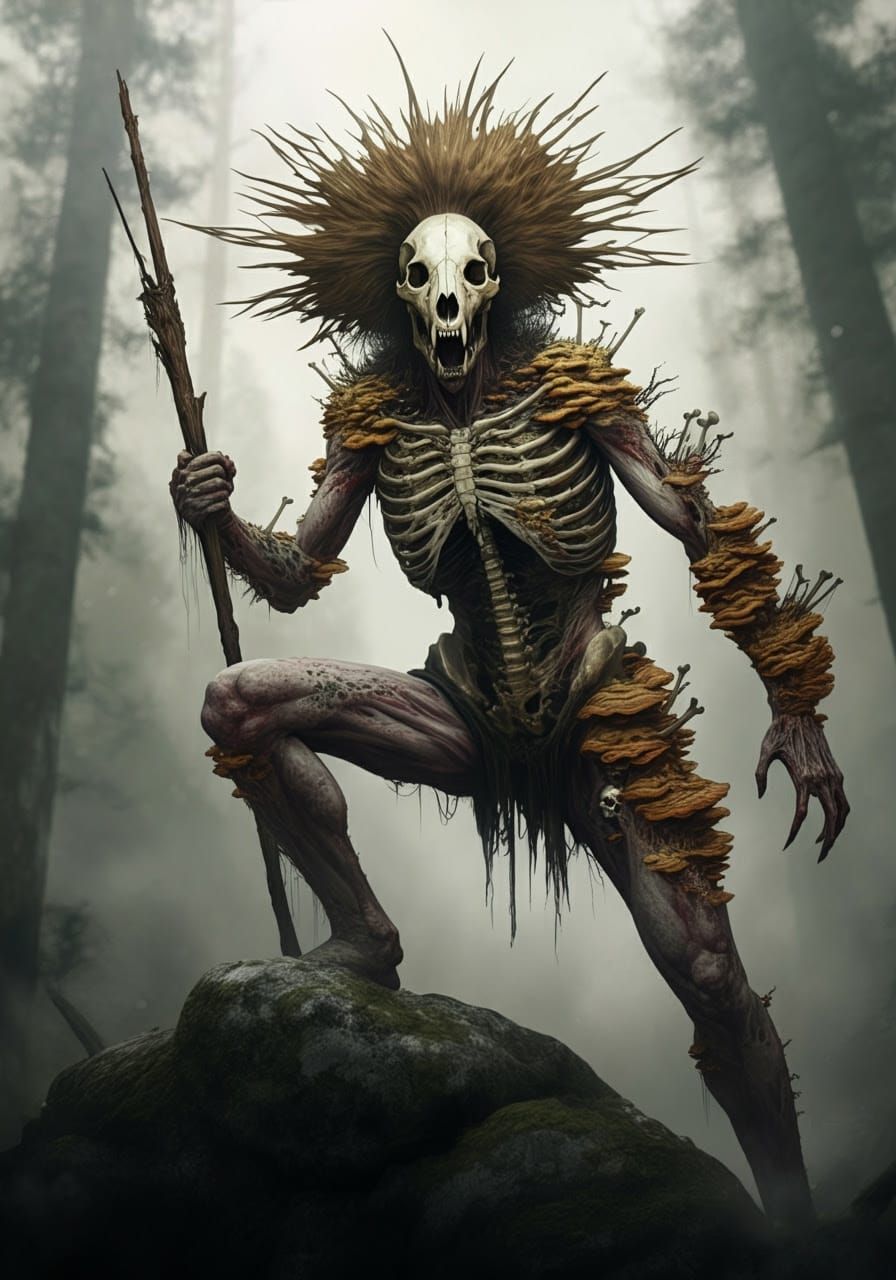 Mutated Humanoid Hybrid in Fungal Armor, Roaring i... - AI Art