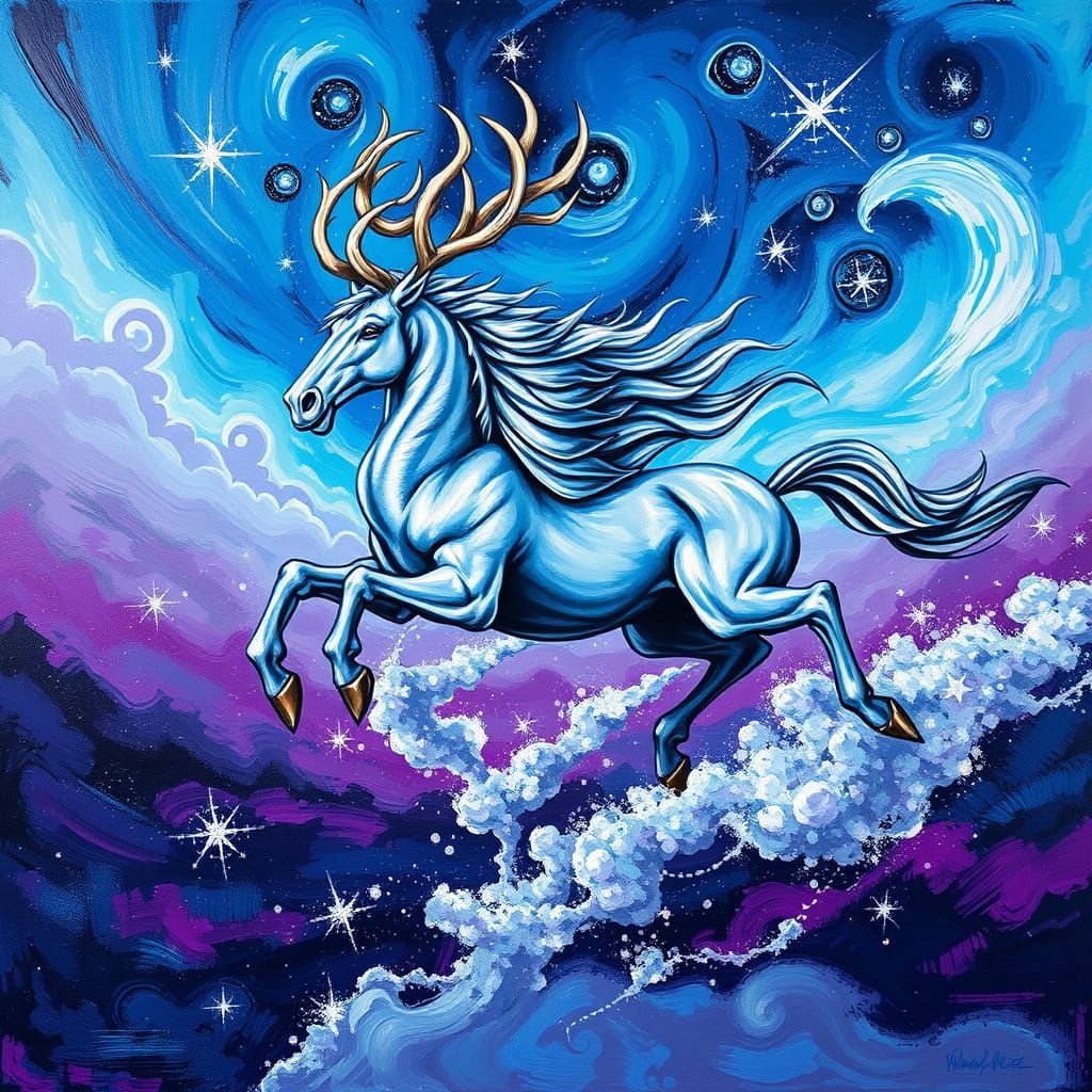 Sleipnir Gallops Through the Celestial Sky in Bold... - AI Art