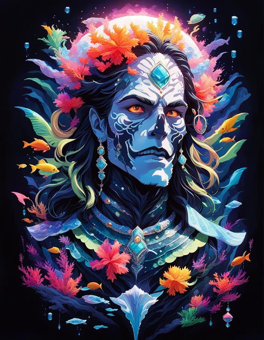 (magical artwork of a god of the sea with glittering fish scales on the ...