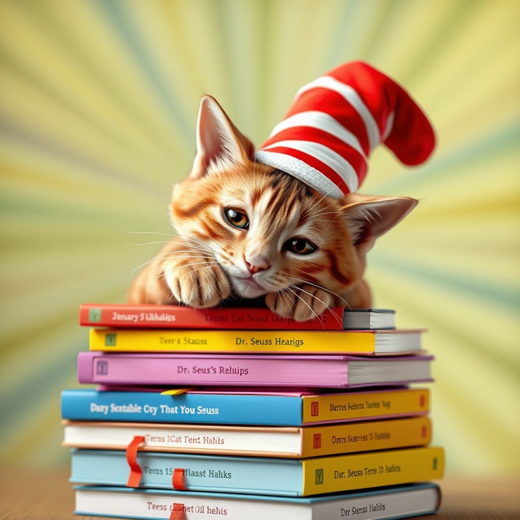 Cat in a Hat - Whimsical Cat in Striped Hat Reads Dr. Seuss ...