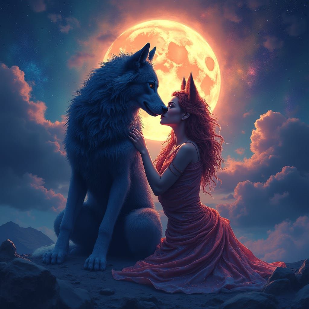 Fox and Wolf Love - Wolf and Vixen United in Cosmic Harmony
