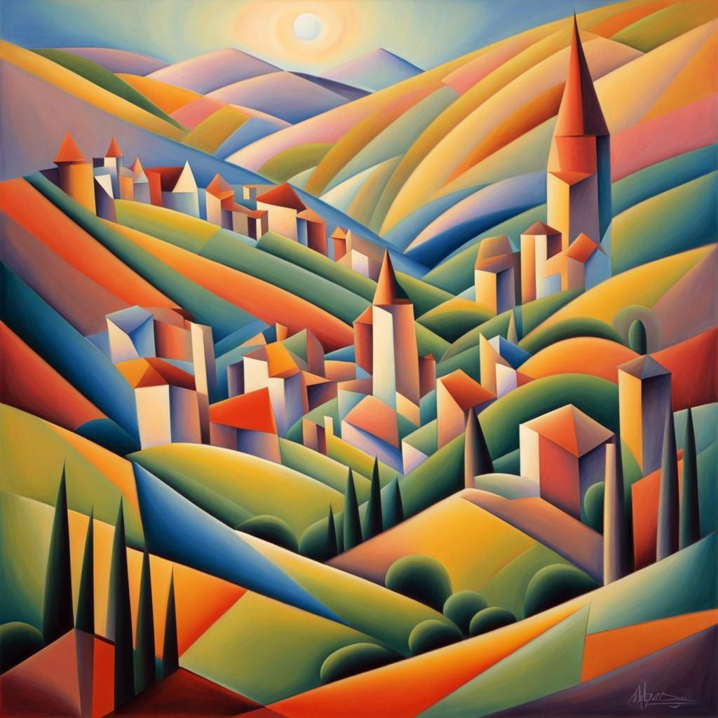 cubist town on a valley - AI Generated Artwork - NightCafe Creator