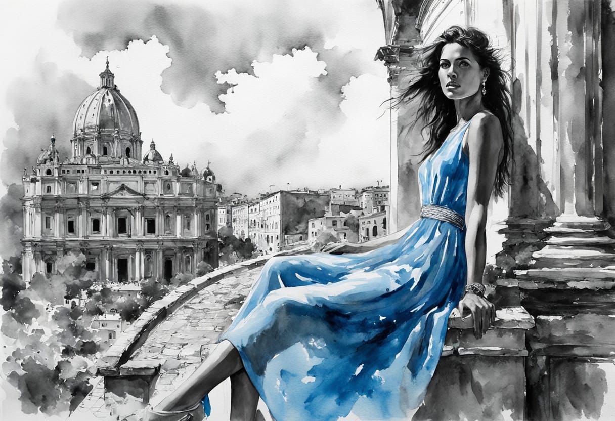 Portrait of beautiful italian woman in sky blue dress