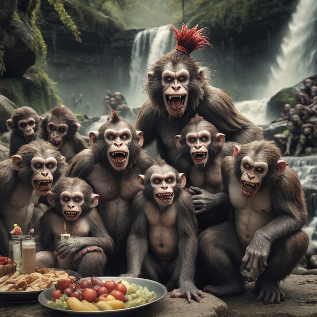 Macabre Family Gathering in a Waterfall Oasis - AI Art