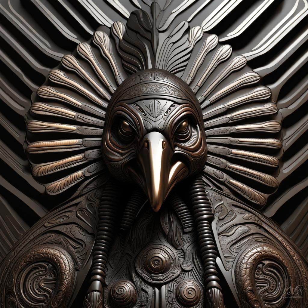 highly polished ebony wooden heavily carved futuristic polychromatic ...