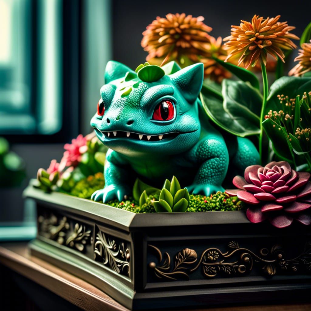 bulbasaur sitting in a flowerbox - AI Generated Artwork - NightCafe Creator