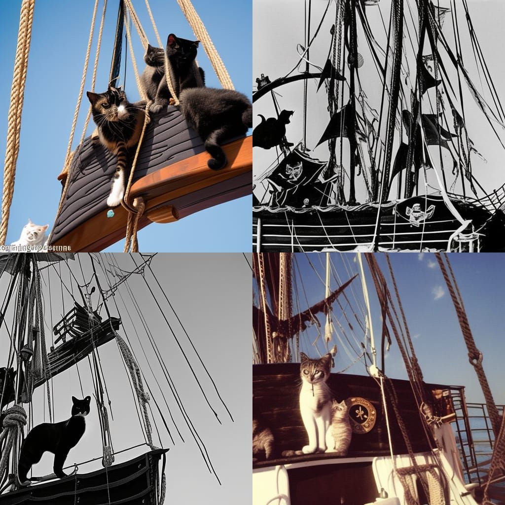 Pirate ship "black paw" with cats in pirate costume in the rigging ...