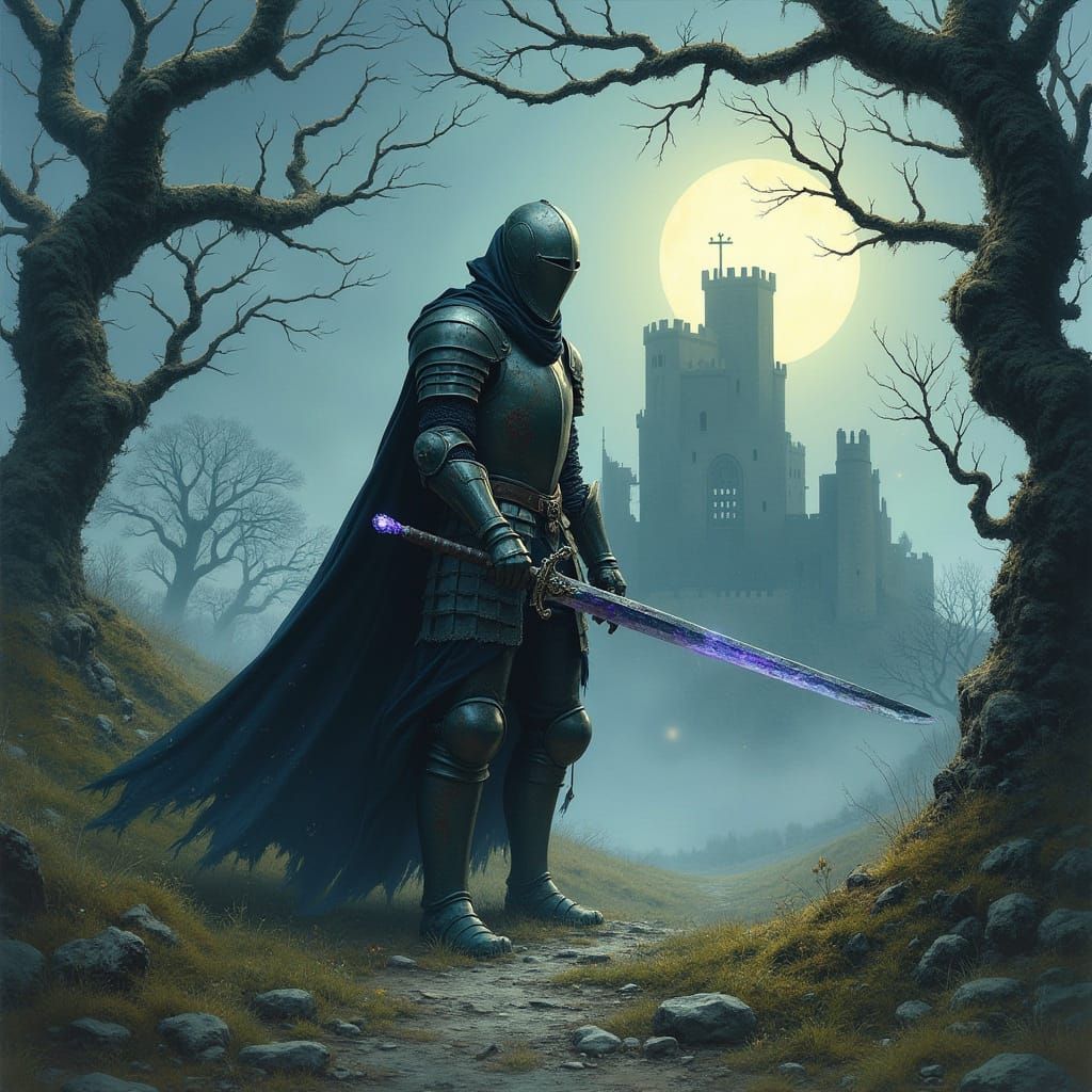 Spectral Knight Guards Ruined Castle in Dark Fanta... - AI Art