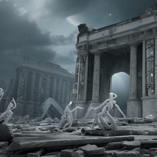 white marble alien figurine in the middle of ruins on a faraway planet ...