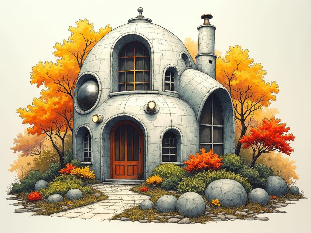 A pen and ink drawing loosely based upon the architectural style of ...